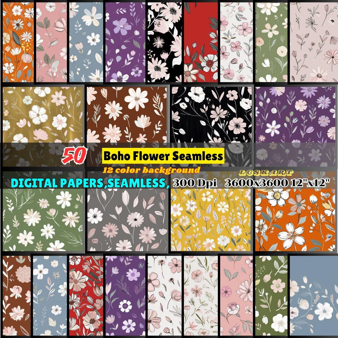50 Boho Flower Seamless Digital Papers, Boho Scrapbook Paper, Boho ...