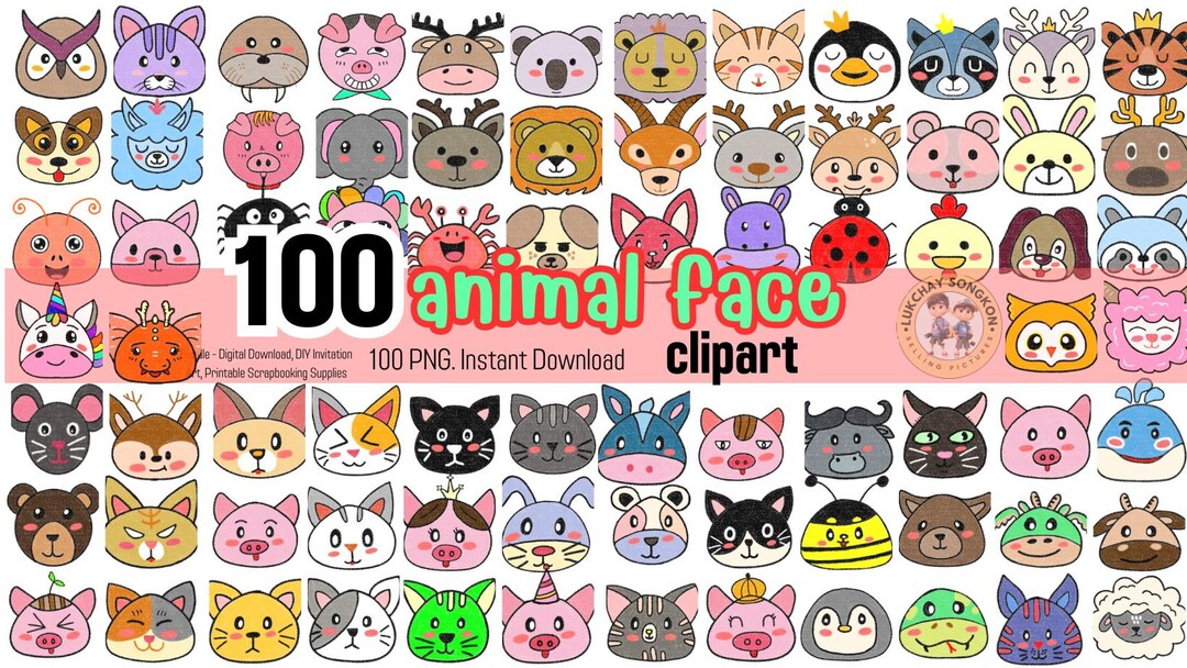 100 Animal Face Clip Art,100 Png 100 Animal Face Digital Art,bundle ...
