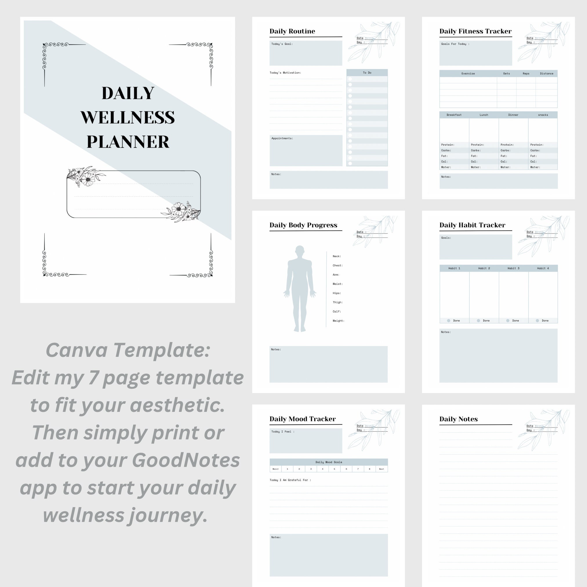 Daily Wellness Planner Editable Template Canva - Etsy
