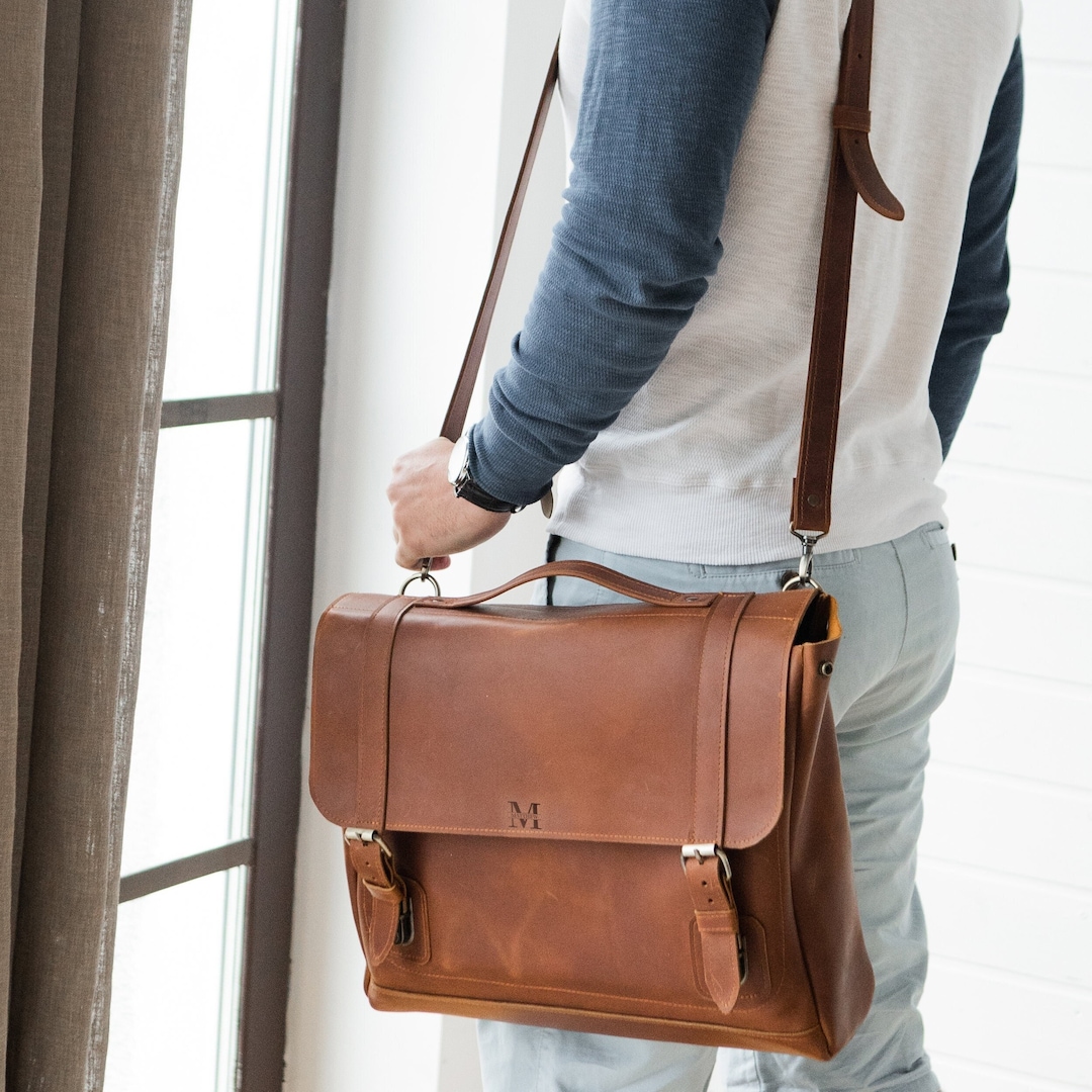 Leather Messenger Bag for Men With Shoulder Strap, Personalized Laptop ...