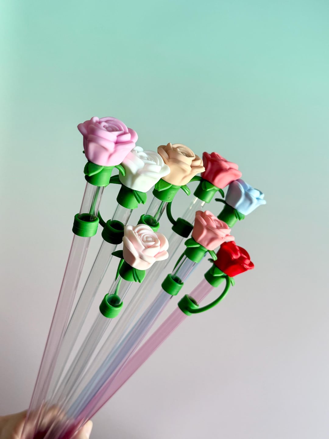 Rose Straw Silicone Topper Flower Tumbler Straw Cover Pink Rose Straw ...