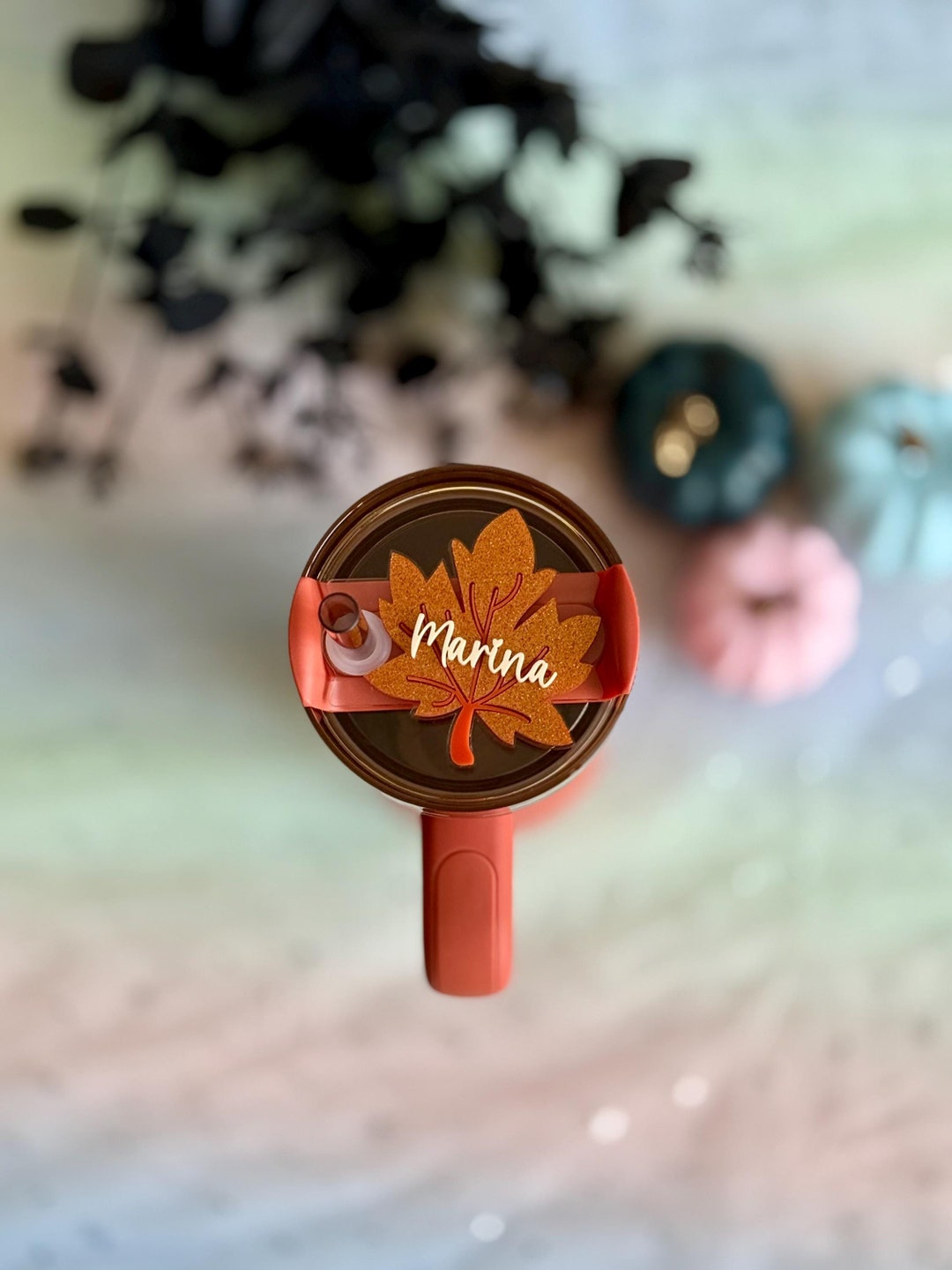 Fall Leaves Tumbler Name Plate Autumn Cup Name Tag Orange Tumbler Lid ...