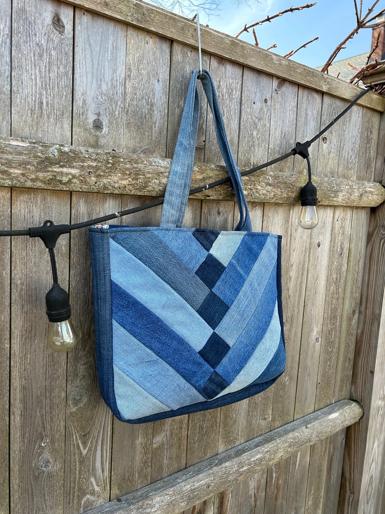 Upcycled Denim Tote, Patchwork Denim Tote, Qulted Tote Bag, Laptop Bag ...