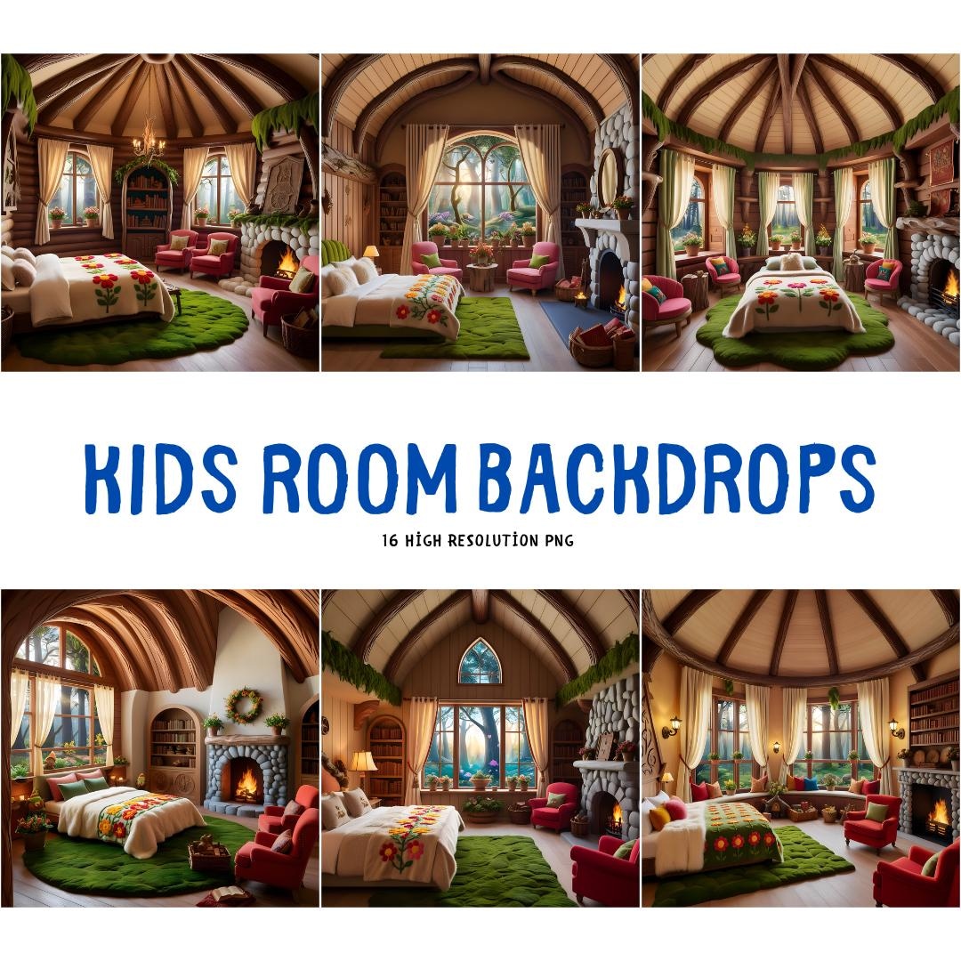 Kids Room Backdrops Bundle - 16 High-resolution PNG Files - Cozy ...
