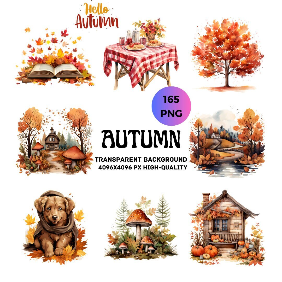 Autumn Clipart Bundle - 165 PNG Cute Fall Images, Instant Digital ...