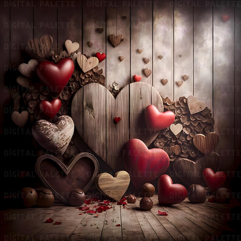 Rustic Heart-themed Digital Backdrop | Romantic Valentine’s Day Decor ...