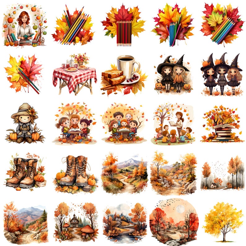 Autumn Clipart Bundle - 165 PNG Cute Fall Images, Instant Digital ...