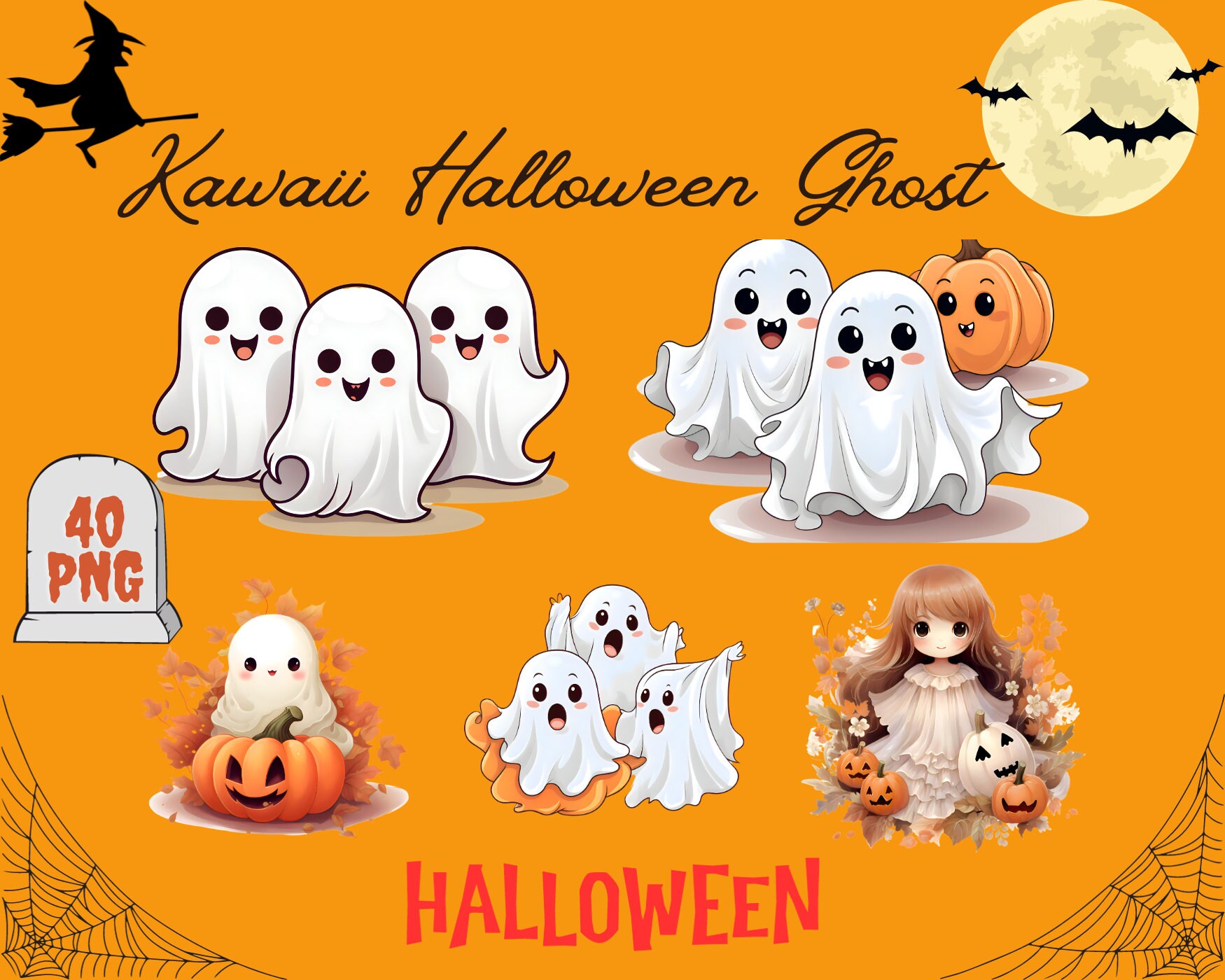 Kawaii Halloween Ghost Clipart, Halloween Clipart, Ghost PNG, Spooky ...