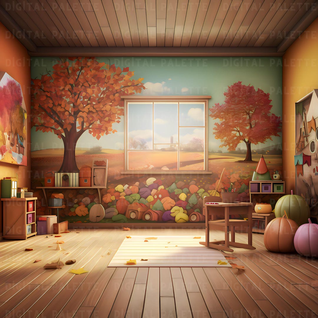 Autumn-themed Kids Room Backdrop | Fall Season Mural for Playrooms ...