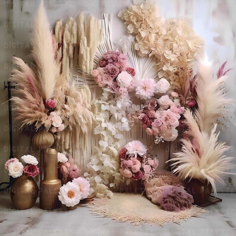 Elegant Pampas and Floral Boho Digital Backdrop Wedding Backdrop Boho ...