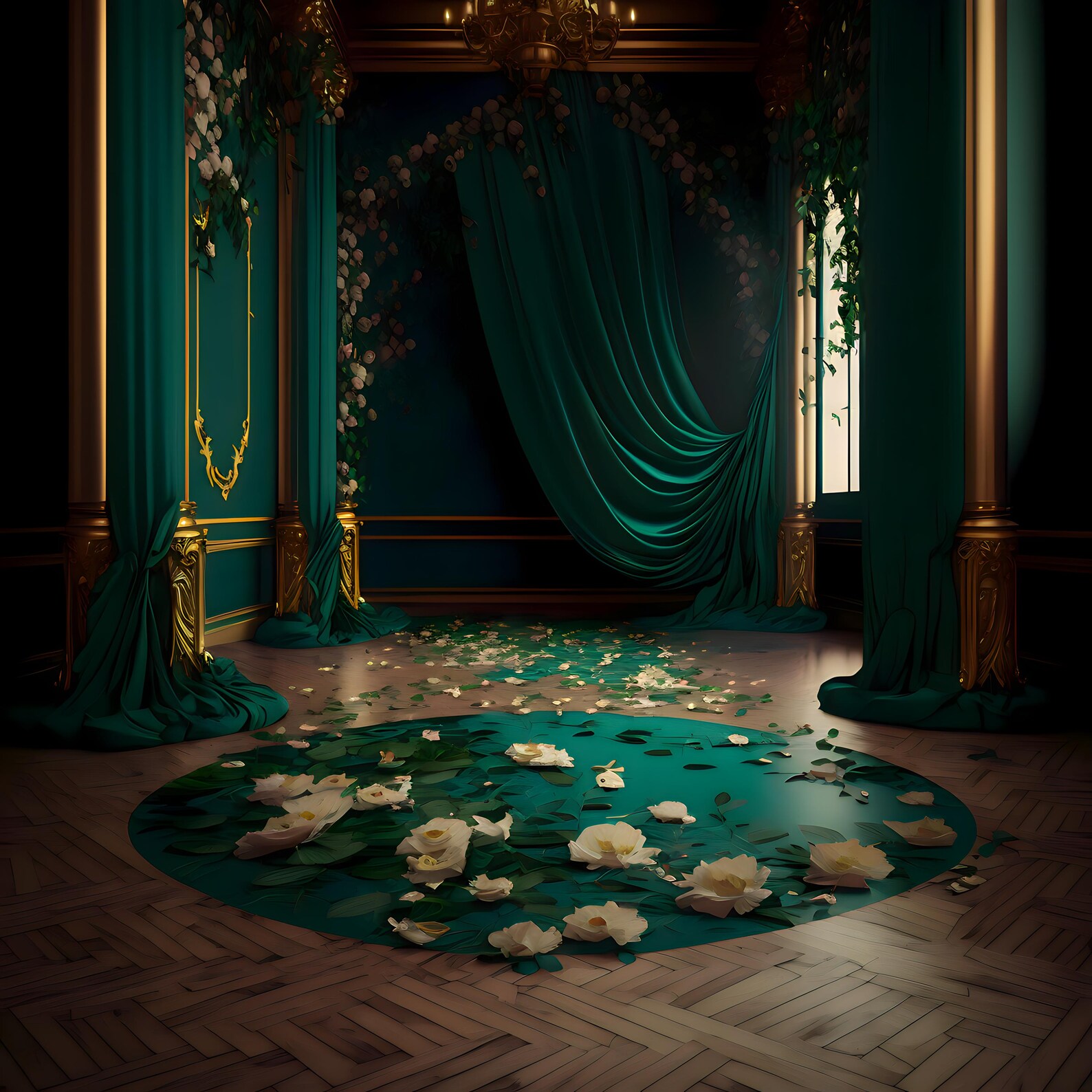 Elegant Floral Teal Green Digital Backdrop | Luxurious Room Scene ...