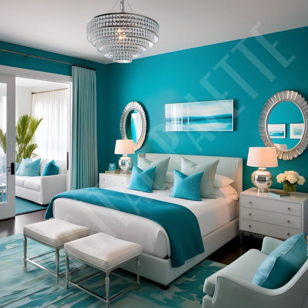 Turquoise Bedroom Digital Backdrop | 6400 PX | Coastal Blue Interior ...