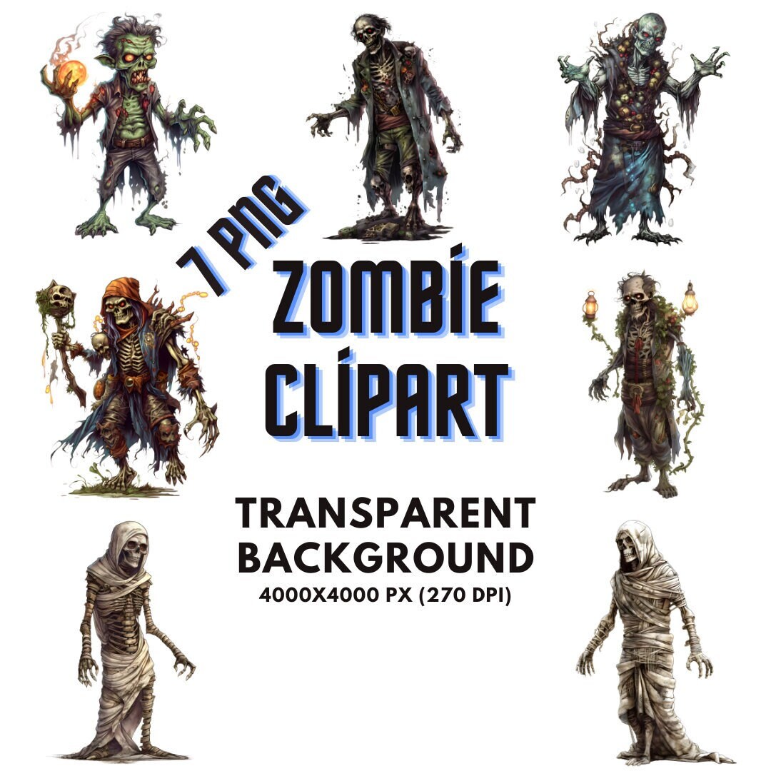 7 Zombie Clipart Set | Zombie PNG for Cardmaking PNG and Ghoul Graphics ...
