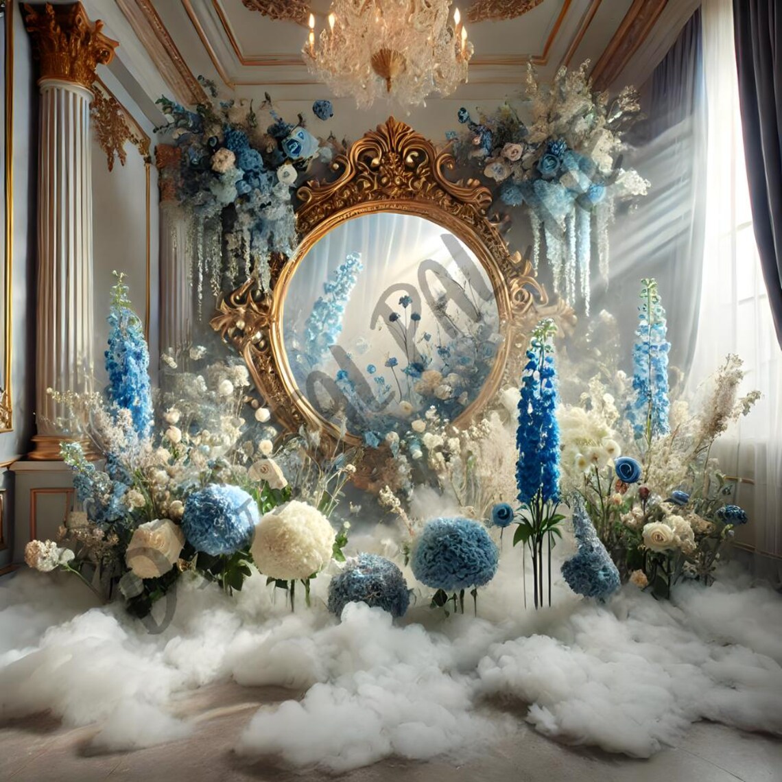 Elegant Floral Mirror Room Backdrop – Luxurious Blue and White Flowers ...