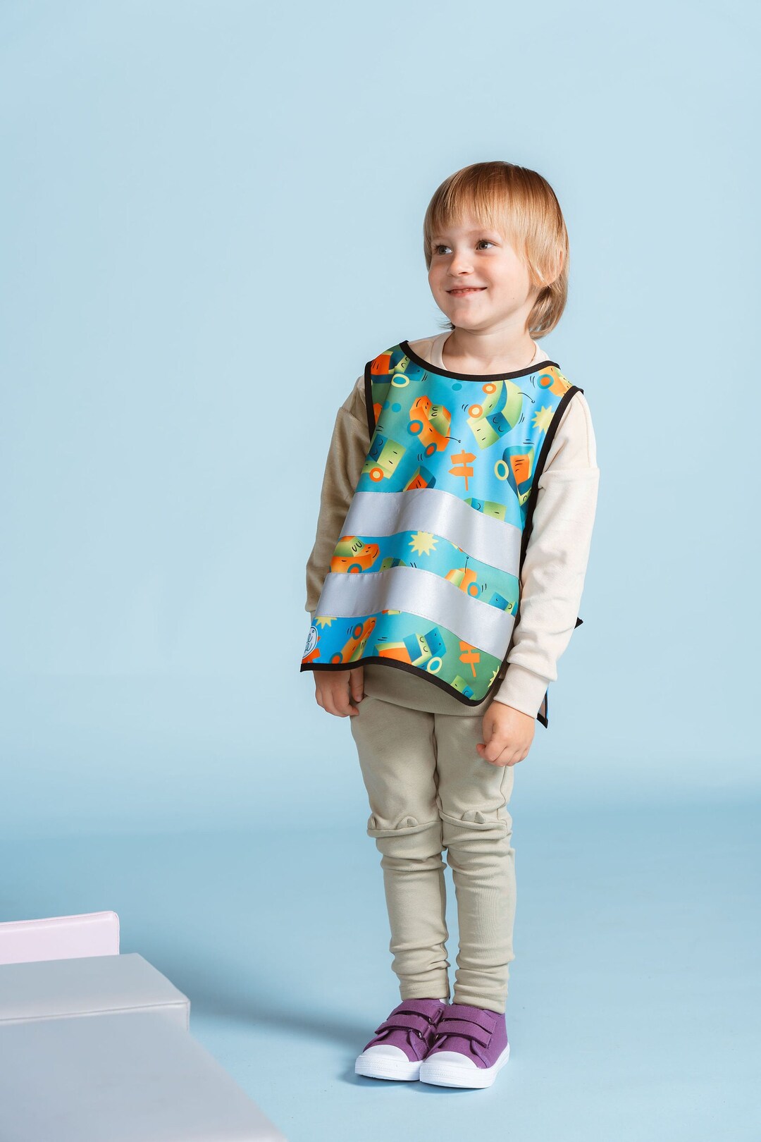 Kids Reflective Safety Vest Featuring Blue and Green Car Designs ...
