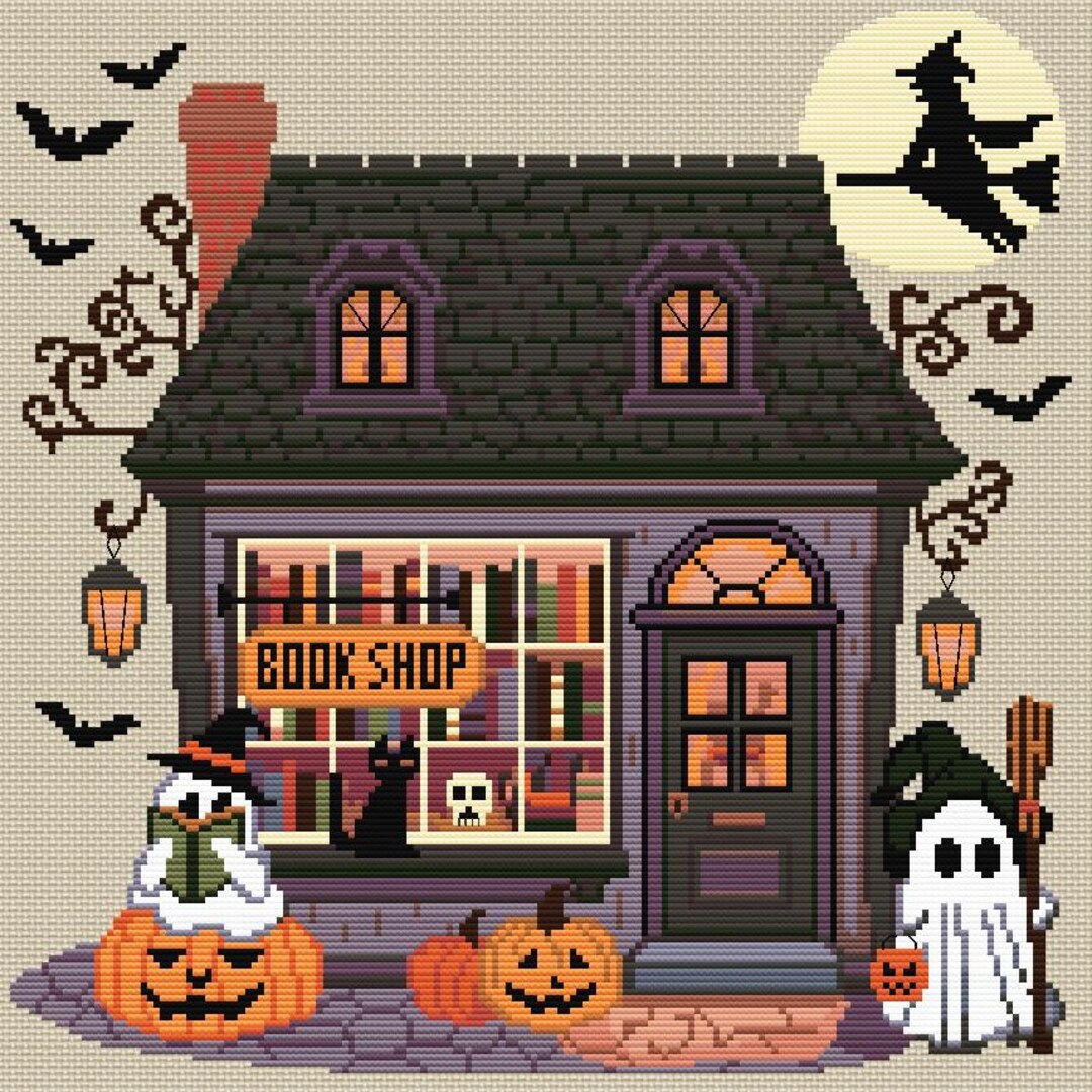 Haunted Bookstore Cross Stitch Pattern - Halloween Cross Stitch Pattern ...