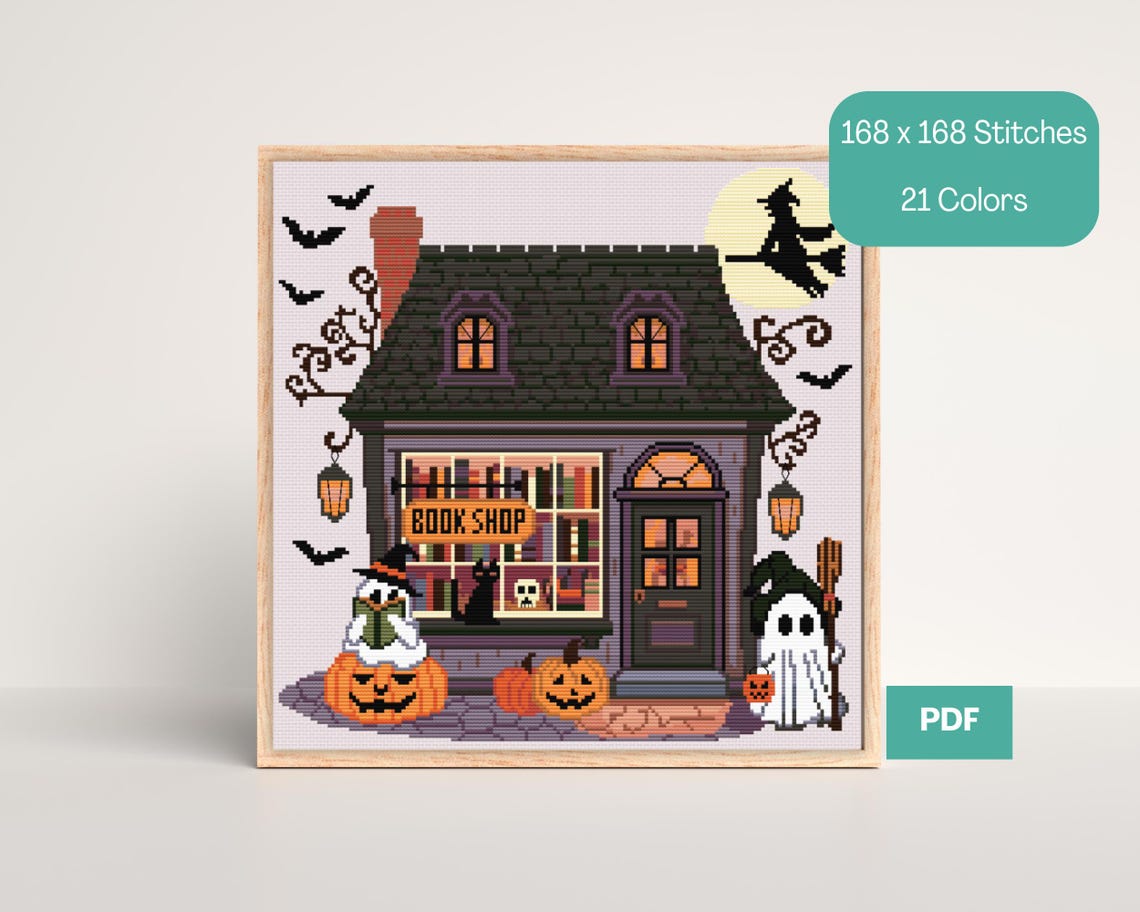 Haunted Bookstore Cross Stitch Pattern - Halloween Cross Stitch Pattern ...