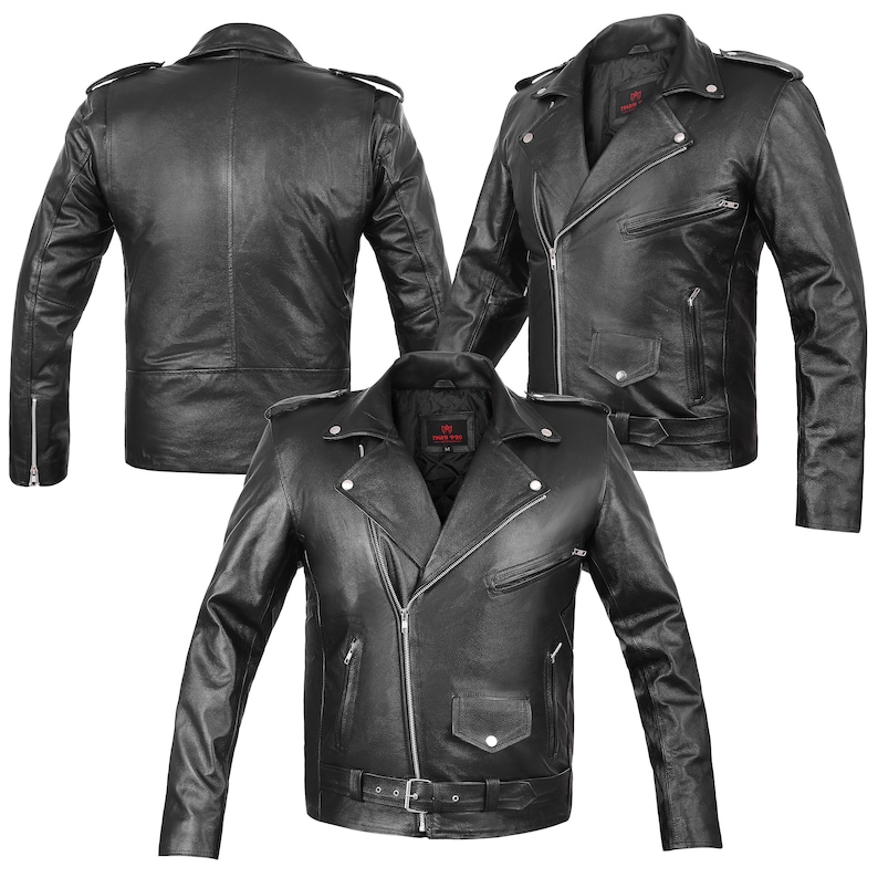 Fashion Men Biker Rider Motorbike Rocker Genuine Cowhide Black Leather ...