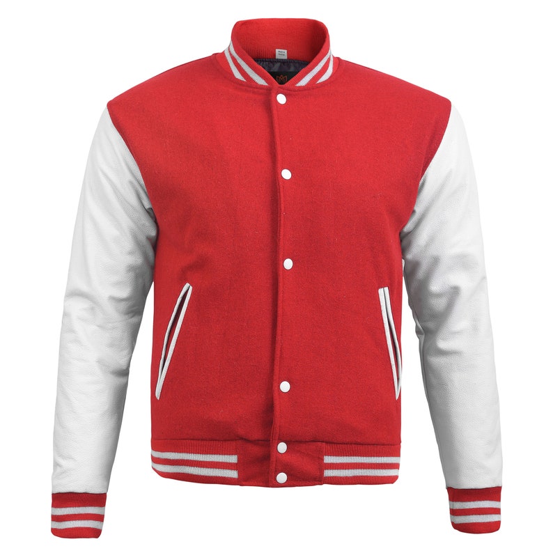 Varsity Jacket Men Genuine 100% Cowhide Leather Sleeve and Red Wool ...