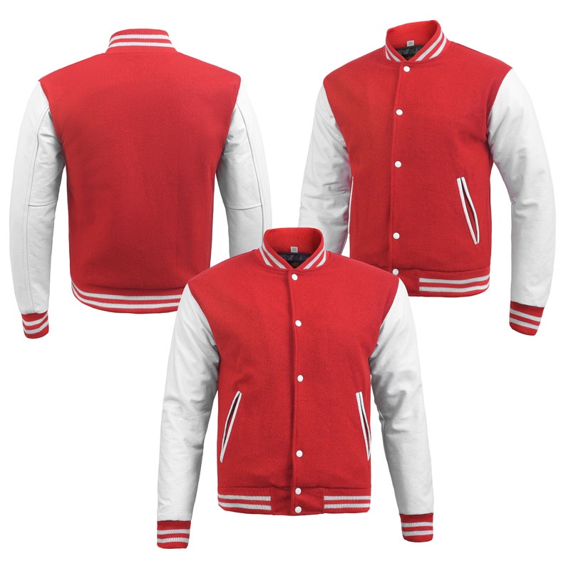 Varsity Jacket Men Genuine 100% Cowhide Leather Sleeve and Red Wool ...
