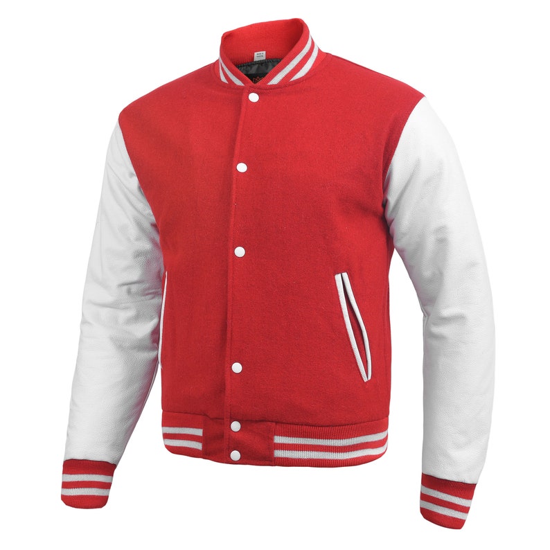 Varsity Jacket Men Genuine 100% Cowhide Leather Sleeve and Red Wool ...