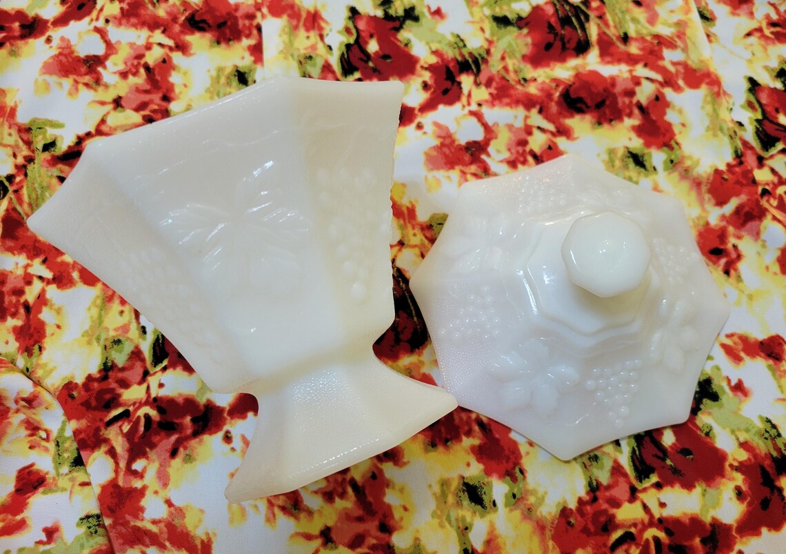 Vintage White Milkglass Octagonal Candy Dish With Grapes & Leaves on a ...