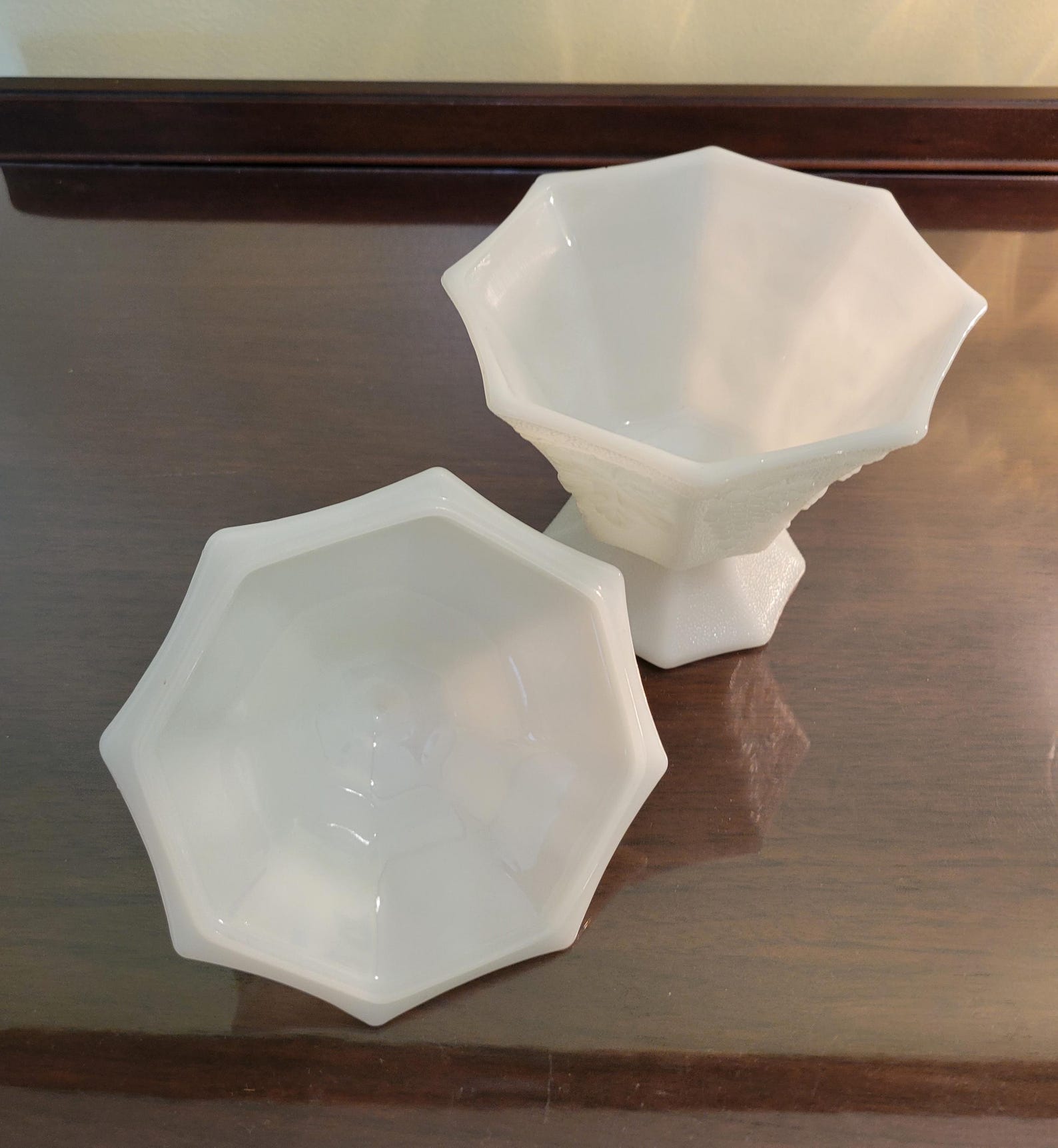 Vintage White Milkglass Octagonal Candy Dish With Grapes & Leaves on a ...