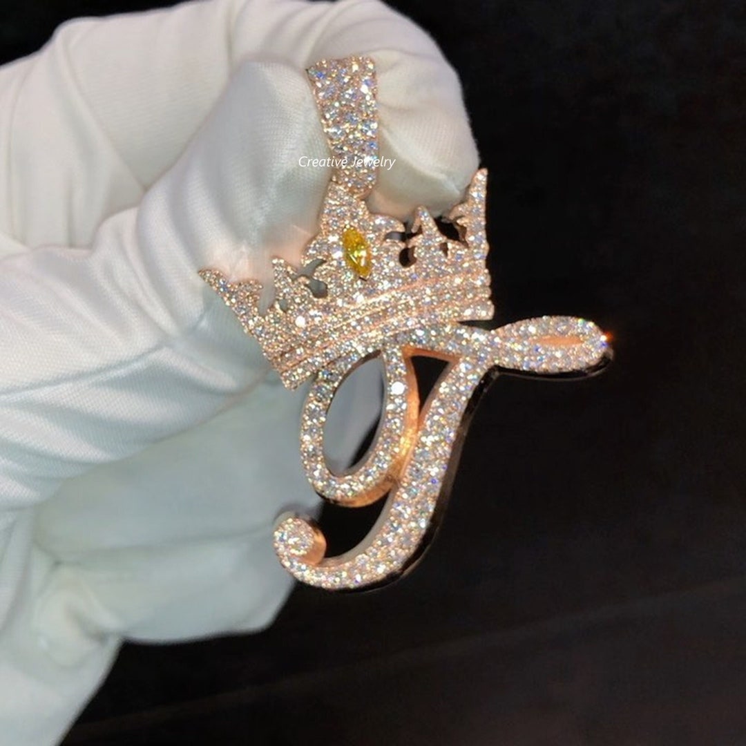 Iced Out Initial Letter Pendant Real Shine Moissanite Crown - Etsy