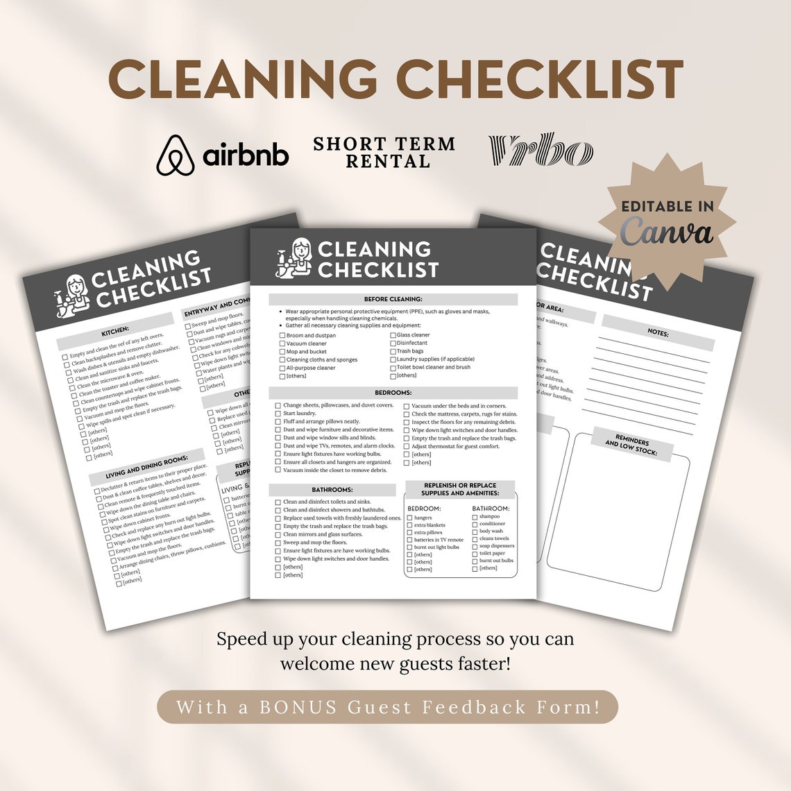 Airbnb Cleaning Checklist Template Editable Canva Template - Etsy