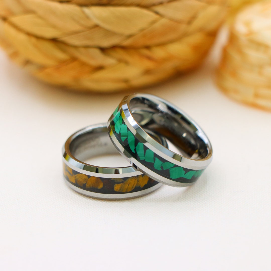 8mm Tungsten Rings,silver Beveled Edge With Tiger Eye Chips/malachite ...