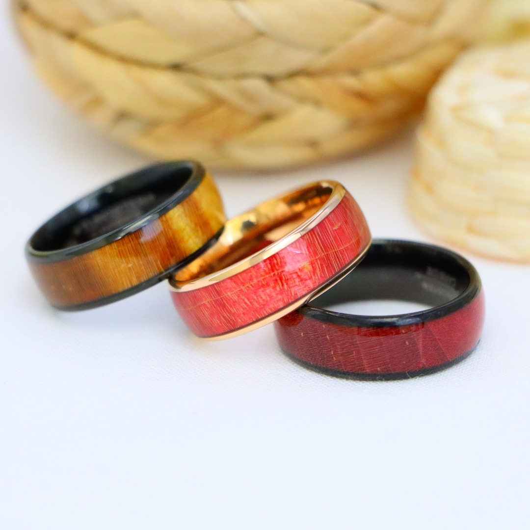 Burl Wood Wedding Ring Exotic Dyed Wood Inlay Black Tungsten Wedding ...