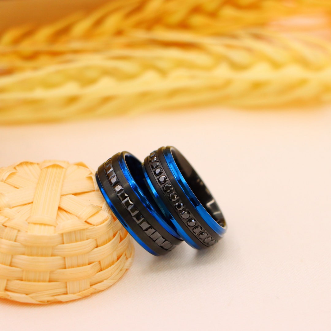 Blue Tungsten Wedding Ring,black Diamond Ring,men's Blue Tungsten ...