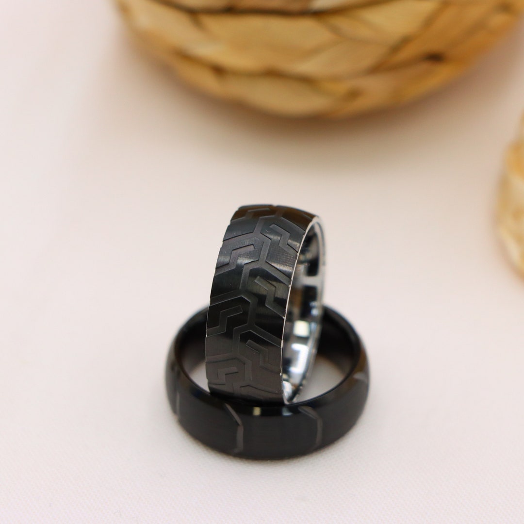 Black IP Plated Tire Thread Center Beveled Edge 8mm Tungsten Ring ...