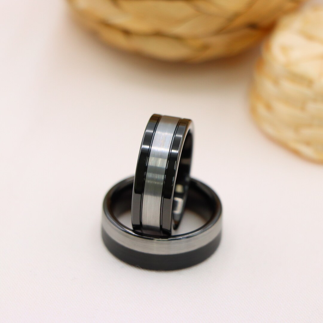 Dual Colour Mens Band Tungsten Ring Black and Silver Mens Wedding Ring ...