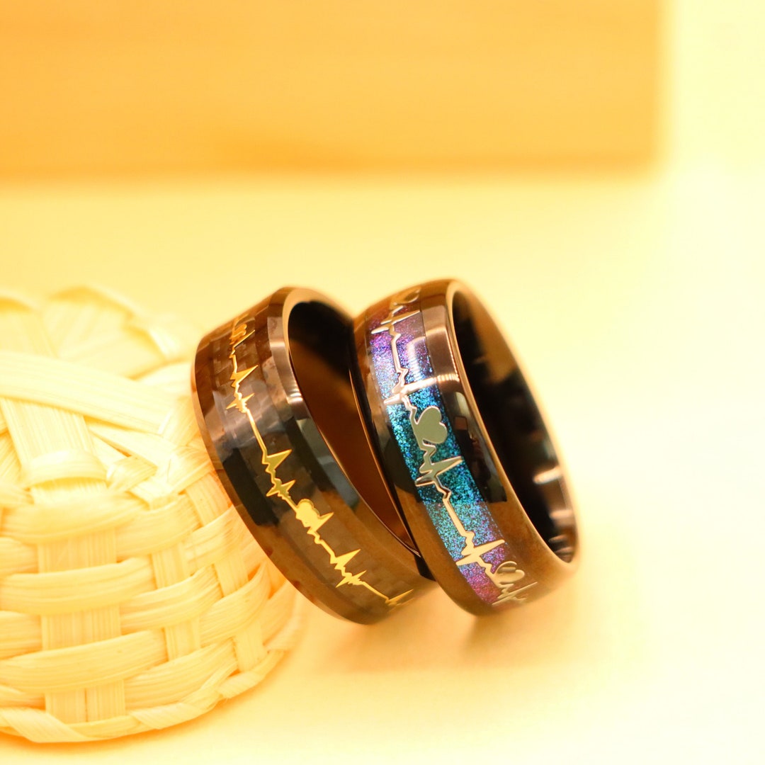 Heartbeat Ring, Black Tungsten Wedding Ring, Multi Color Gradient W ...