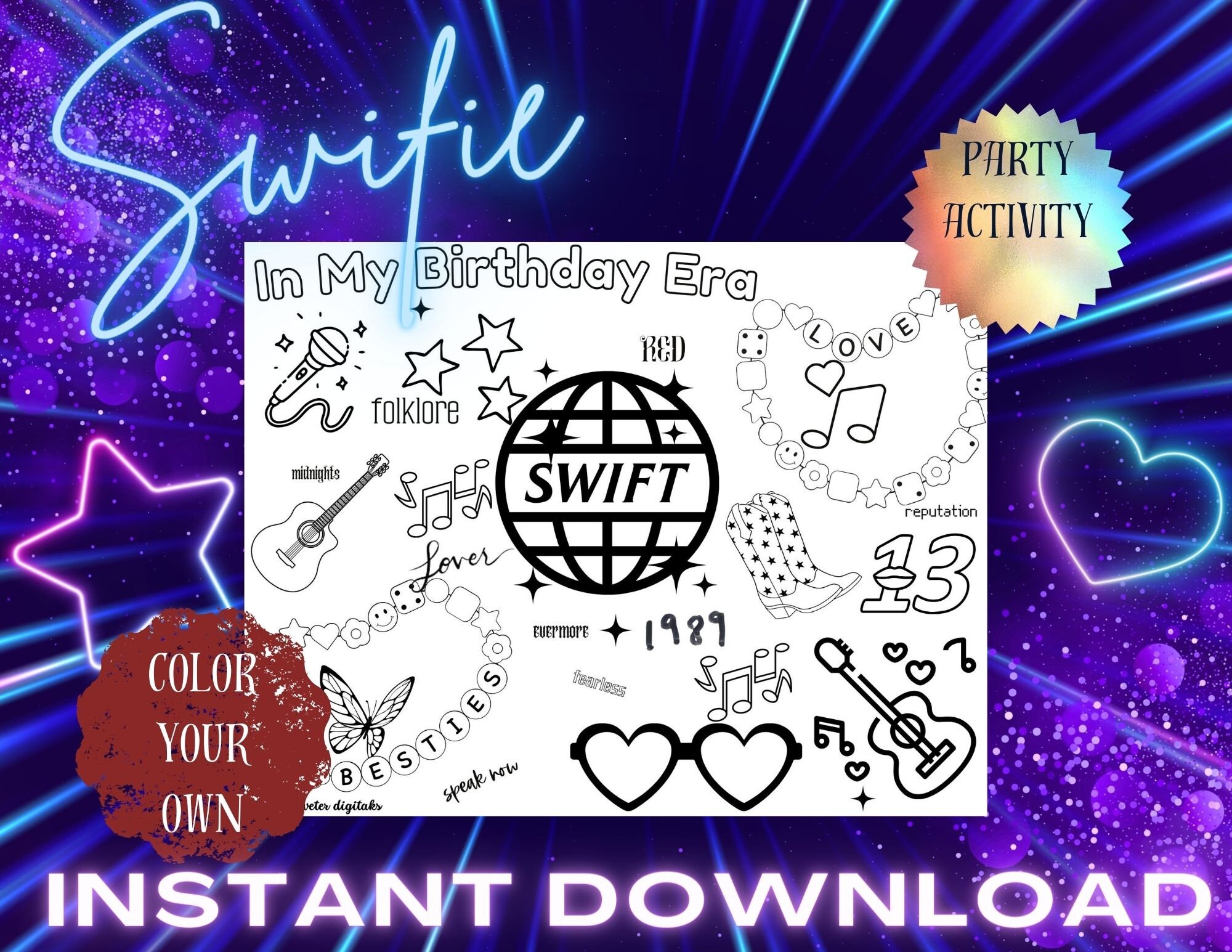 Taylor Swift Eras Tour Coloring Printable Page, Party Games-activity ...