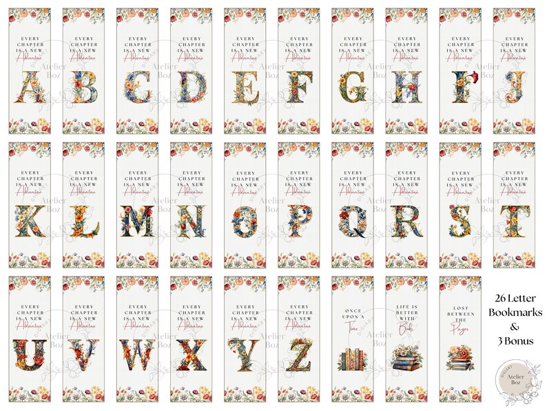 26 Floral Alphabet Letters Printable Bookmarks, Watercolor Floral ...