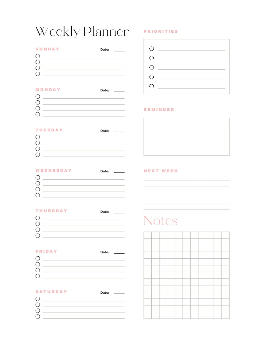 Weekly Planner, Downloadable Print, Weekly Schedule, Instant Download ...