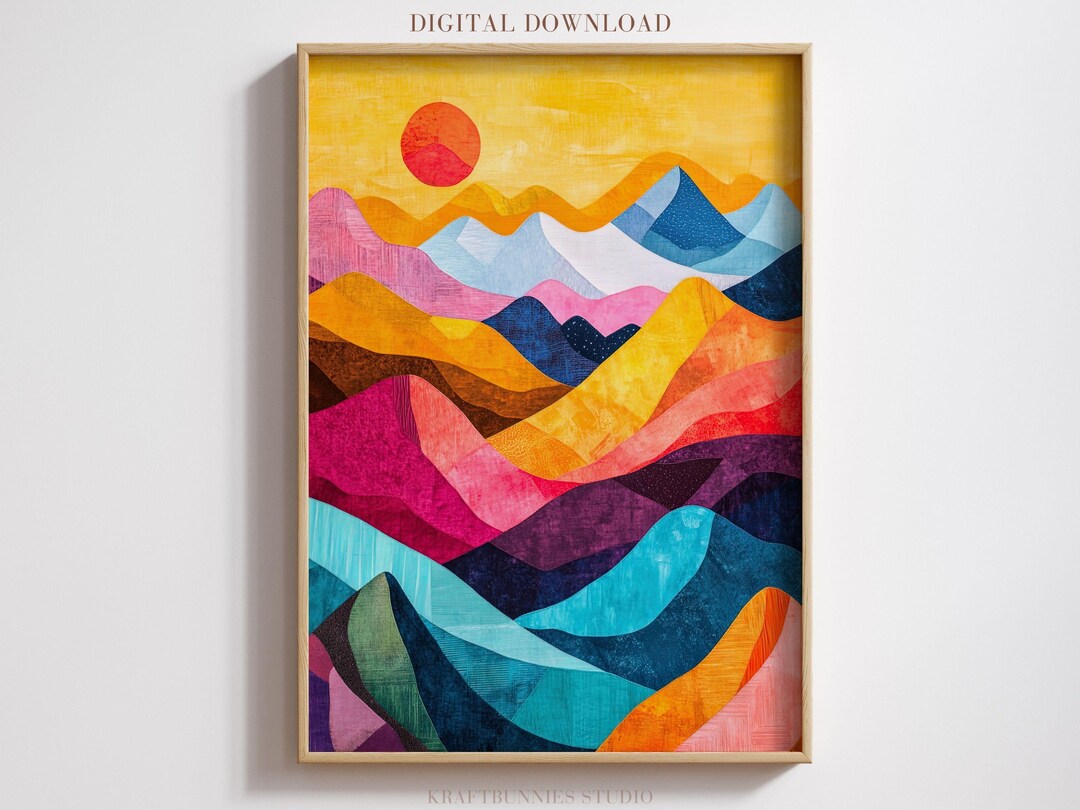 Colorful Patchwork Mountain Art Print: Abstract Scenery Painting ...