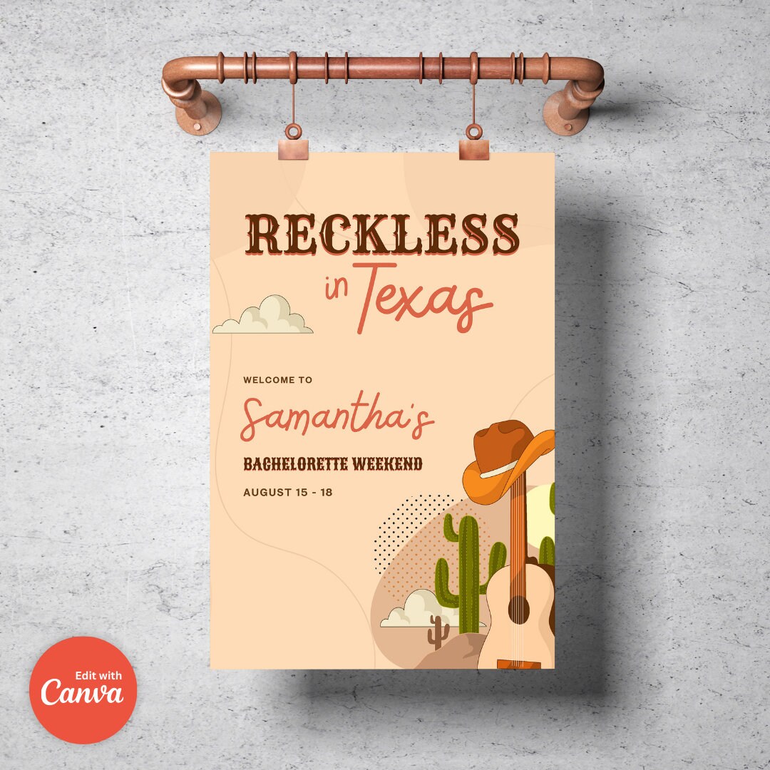 Austin Texas Bachelorette Welcome Sign: Reckless in Texas Theme ...