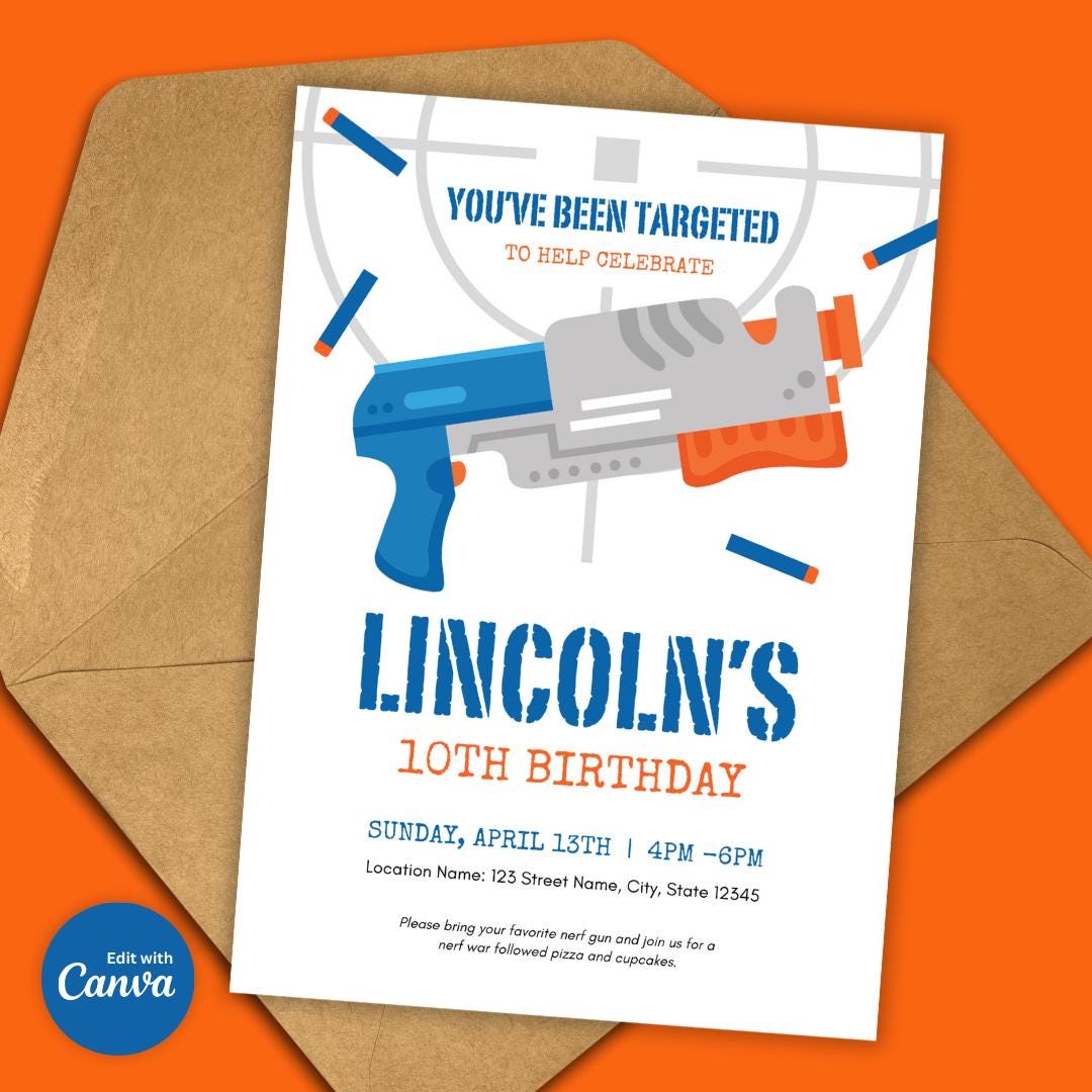 Editable Dart Gun Birthday Party Invitation, Instant Download Party ...