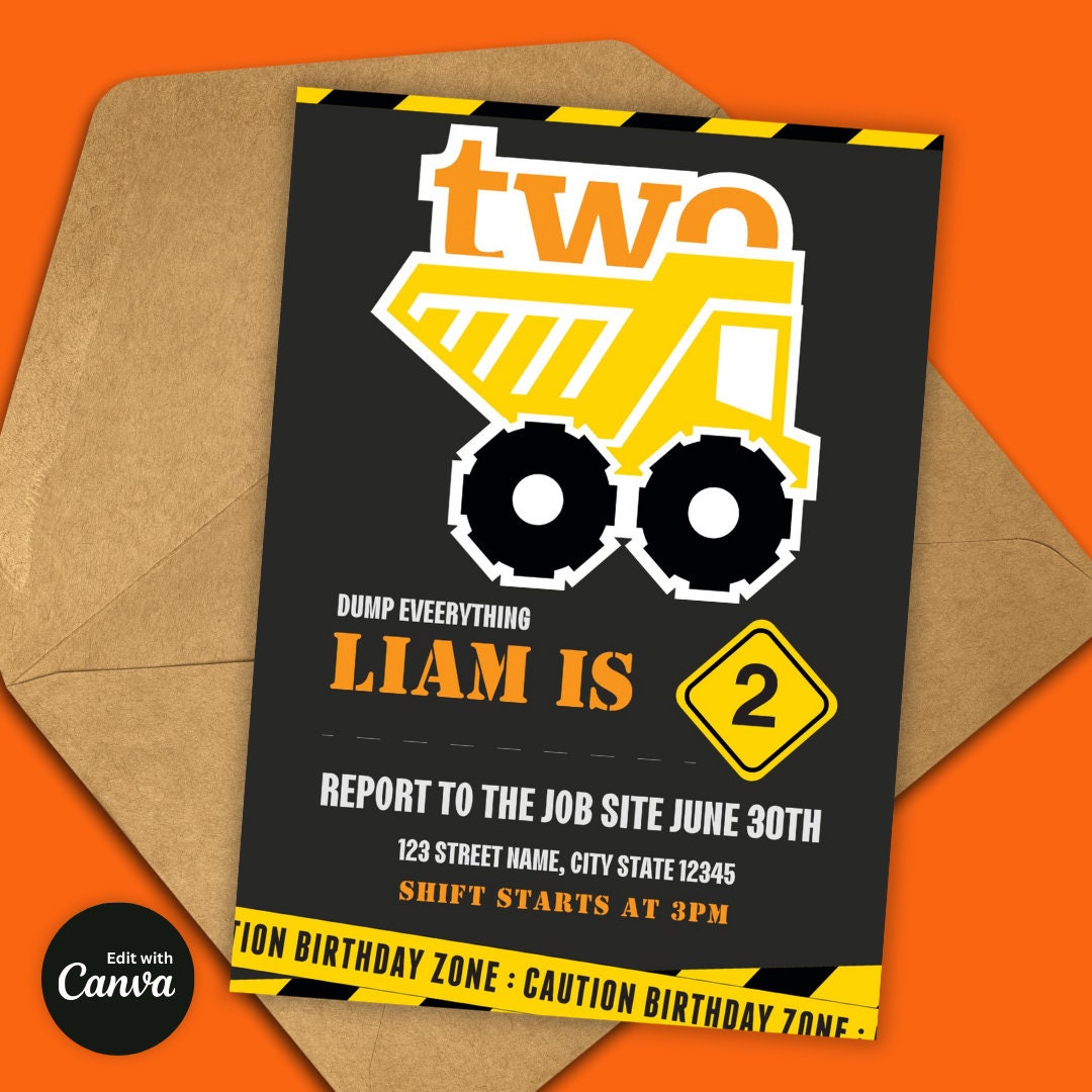 Construction Themed 2nd Birthday Party Editable Invitation, 2nd ...