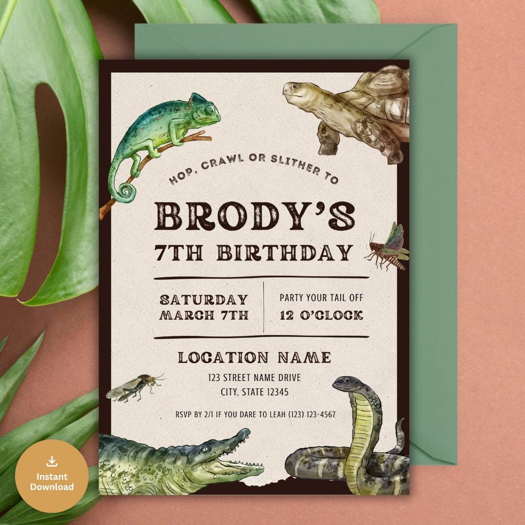 Reptile Birthday Party Invitation: Editable Canva Template (5x7 In ...