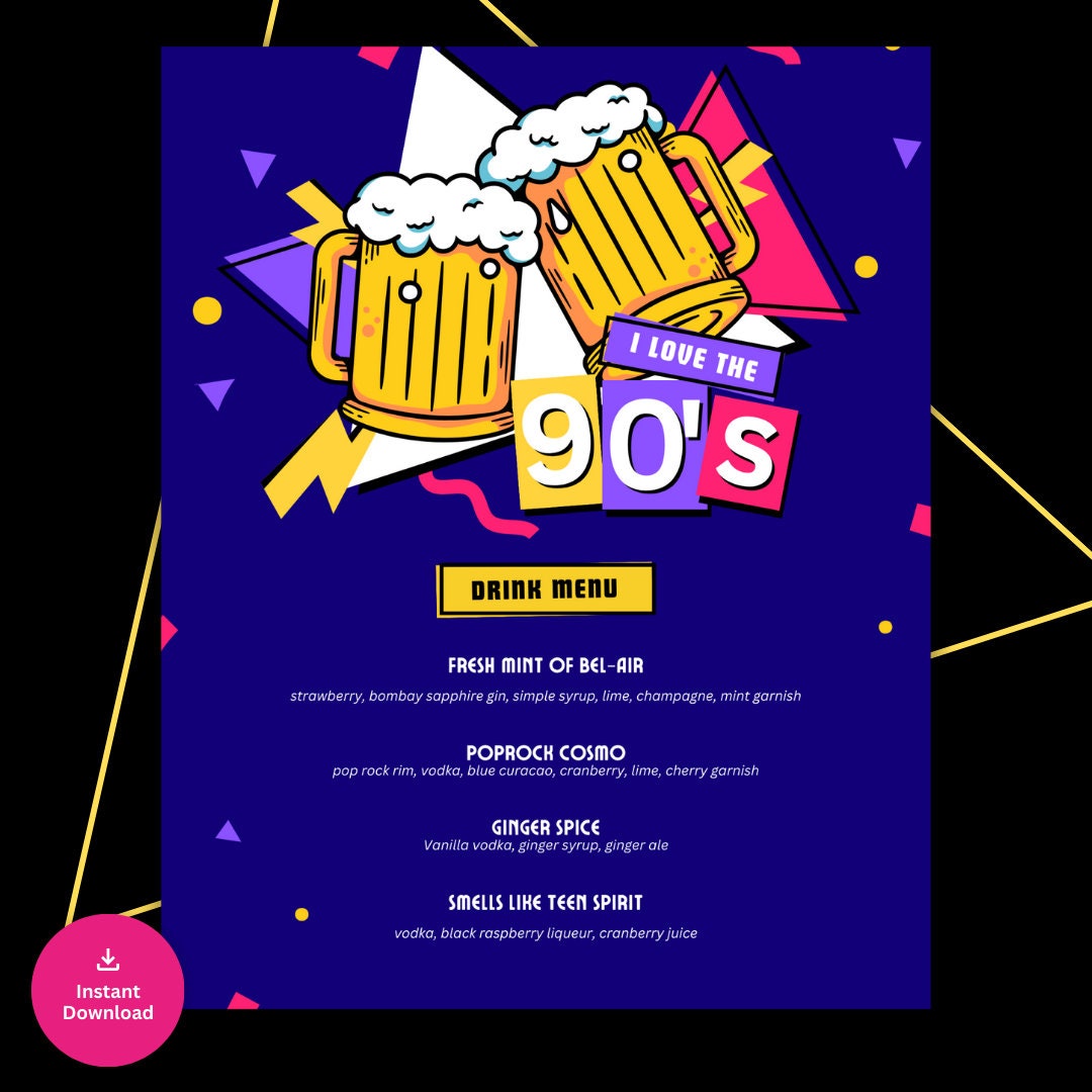90's Party Editable Drink Menu Template, 90's Hip Hop Birthday Party ...