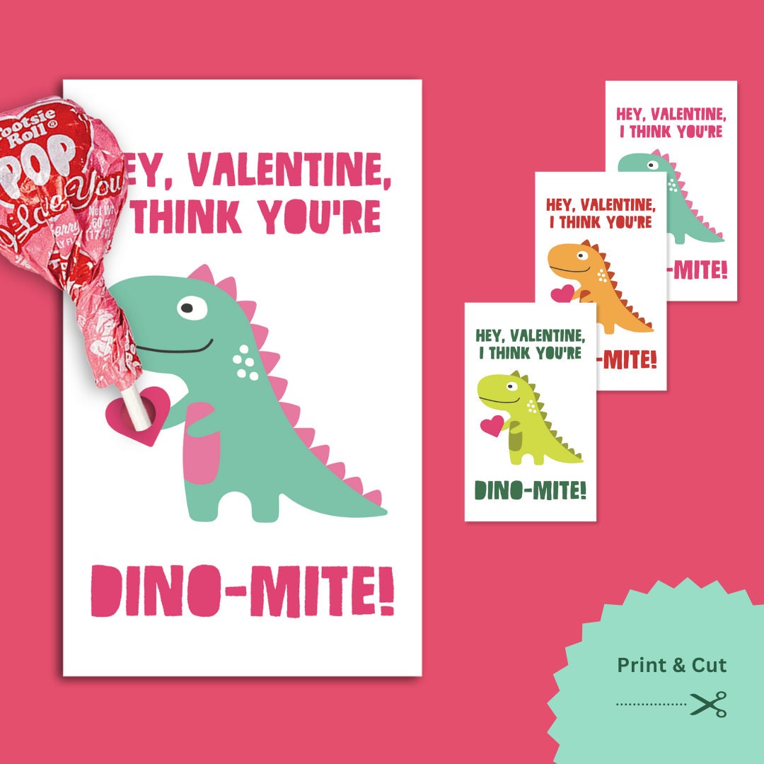 Valentine Printable, Dino-mite, Dinosaur Valentine's Day Card Favor ...