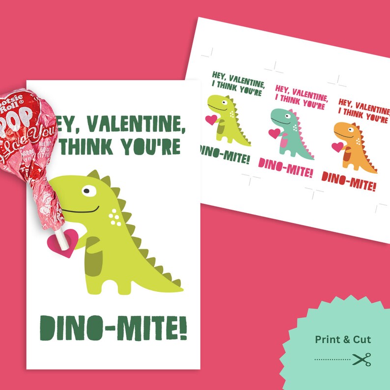 Valentine Printable, Dino-mite, Dinosaur Valentine's Day Card Favor ...