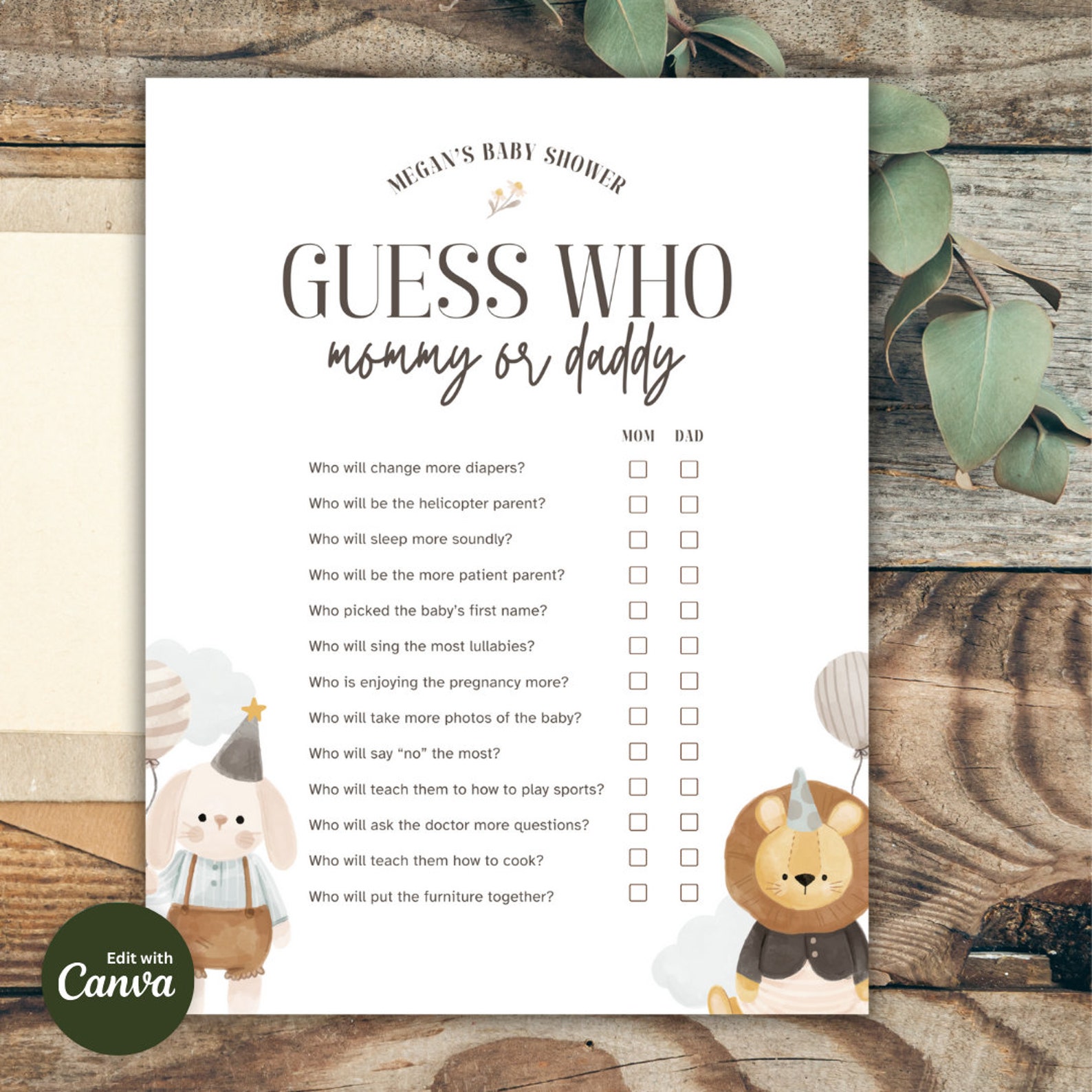 Circus Animal Baby Shower Editable Game Template, Guess Who Mommy or ...