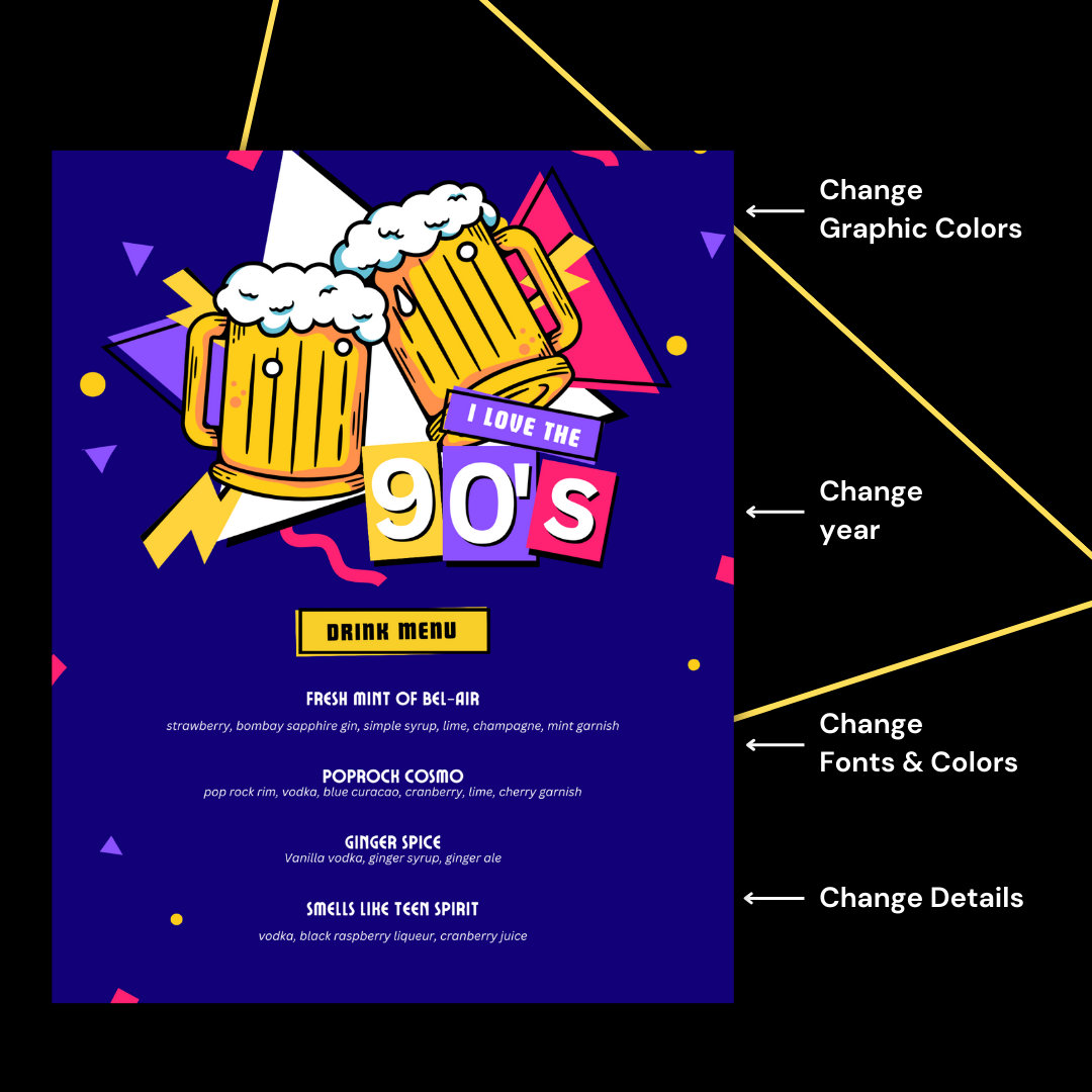 90's Party Editable Drink Menu Template, 90's Hip Hop Birthday Party ...