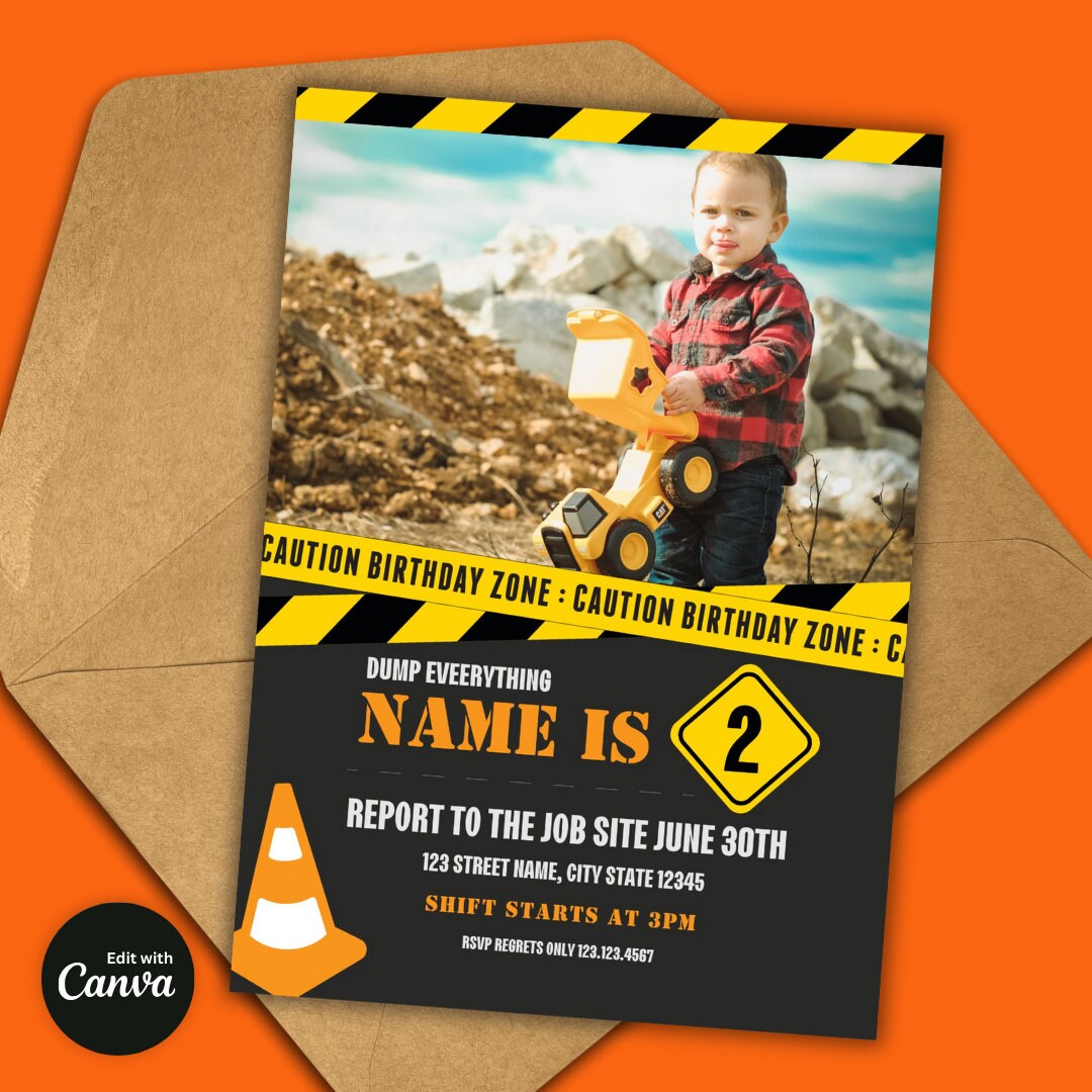 Construction Birthday Invitation: Editable Photo Party Invite (canva ...