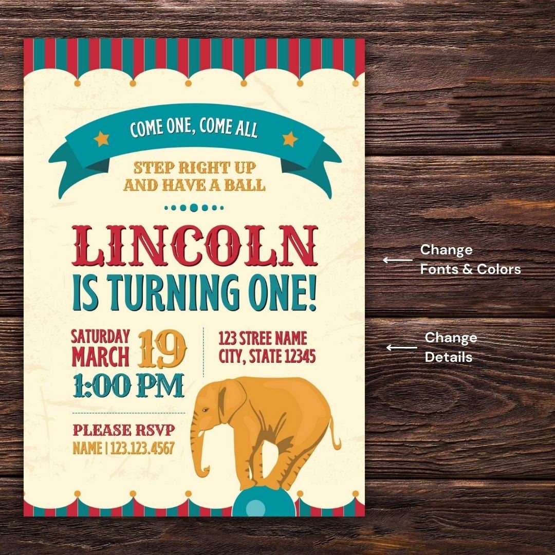 Circus Editable Birthday Invitation Template, Carnival Birthday Party ...
